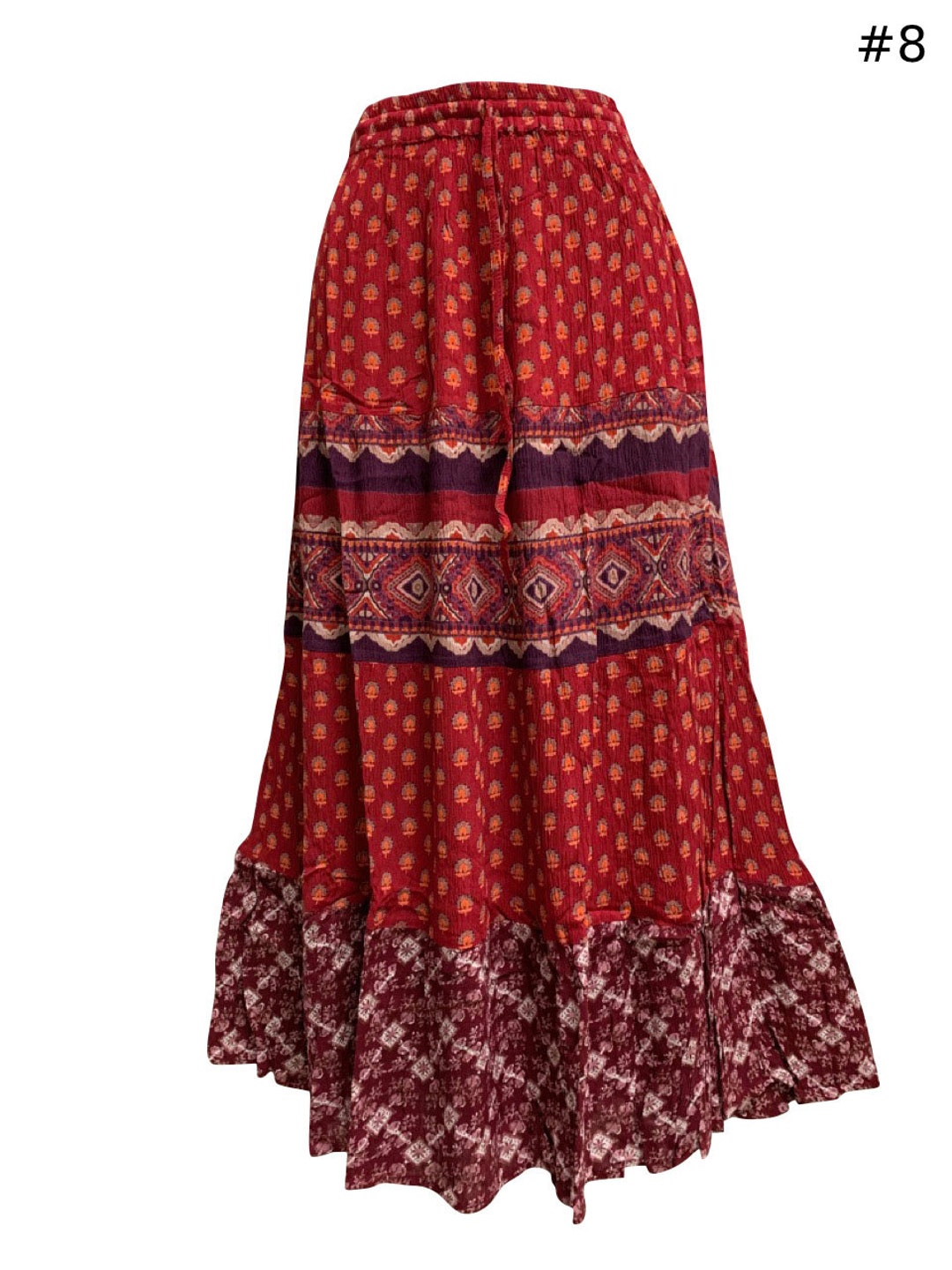 Women's Boho Patchwork Ethnic Print Crinkled Tiered Long Skirt YOGINI ...
