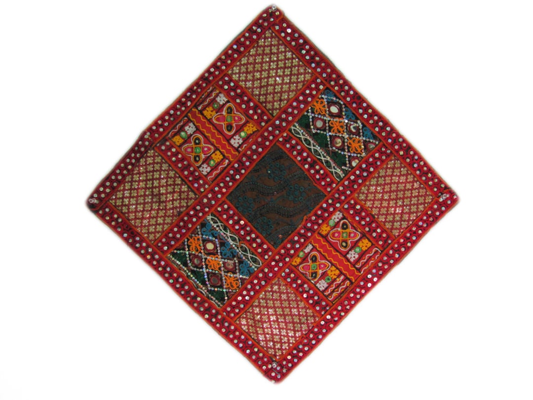 Handmade Patchwork Tribal Art Square Vintage Embroidered Boho Beaded ...