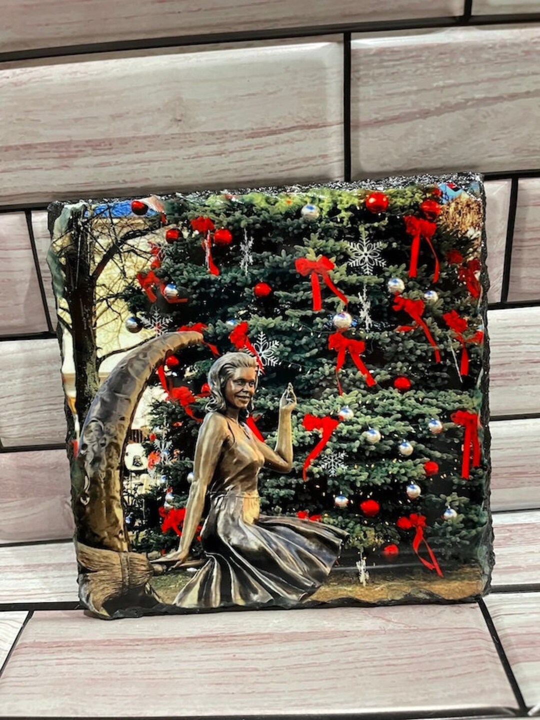 Rock Slate Samantha Statue W/ Red Holiday Tree - Etsy