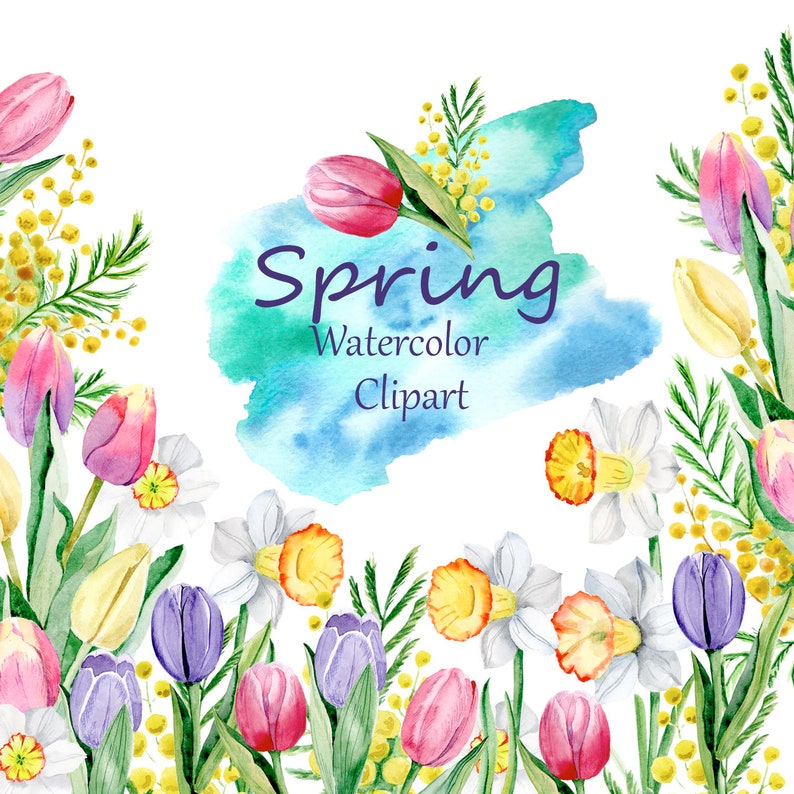 Spring Clipart, Watercolor Clip Art, Flower Border for Greeting Cards ...