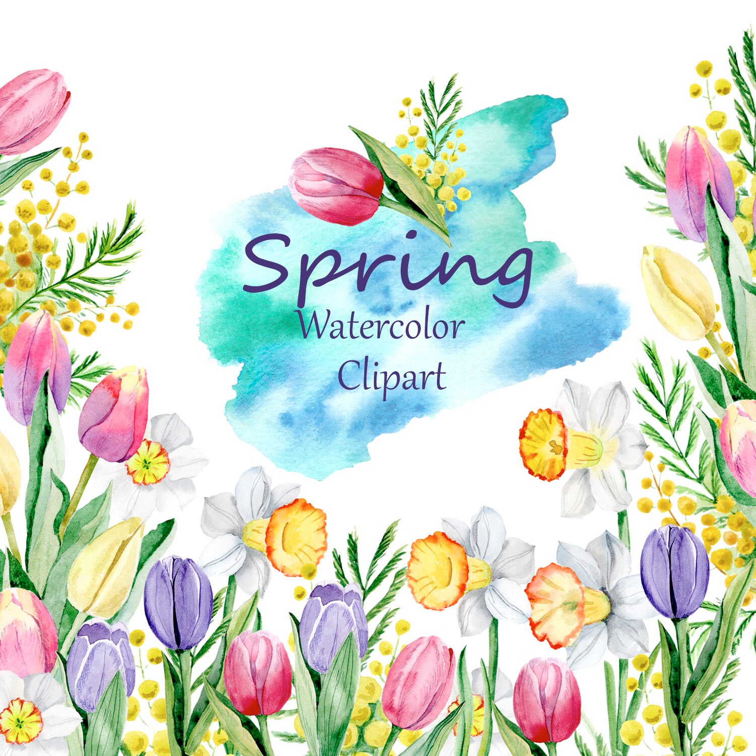 Spring Clipart, Watercolor Clip Art, Flower Border for Greeting Cards ...