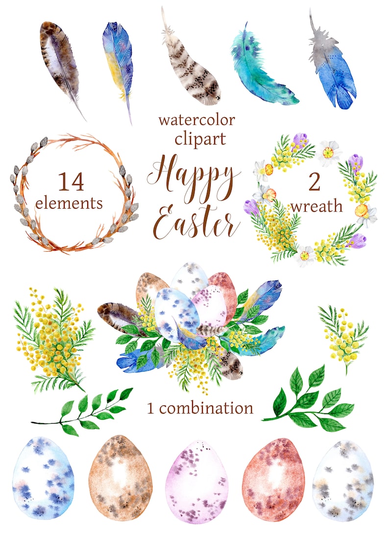 Happy Easter Watercolor Clipart, Eggs, Wreaths, Hand Painted ...