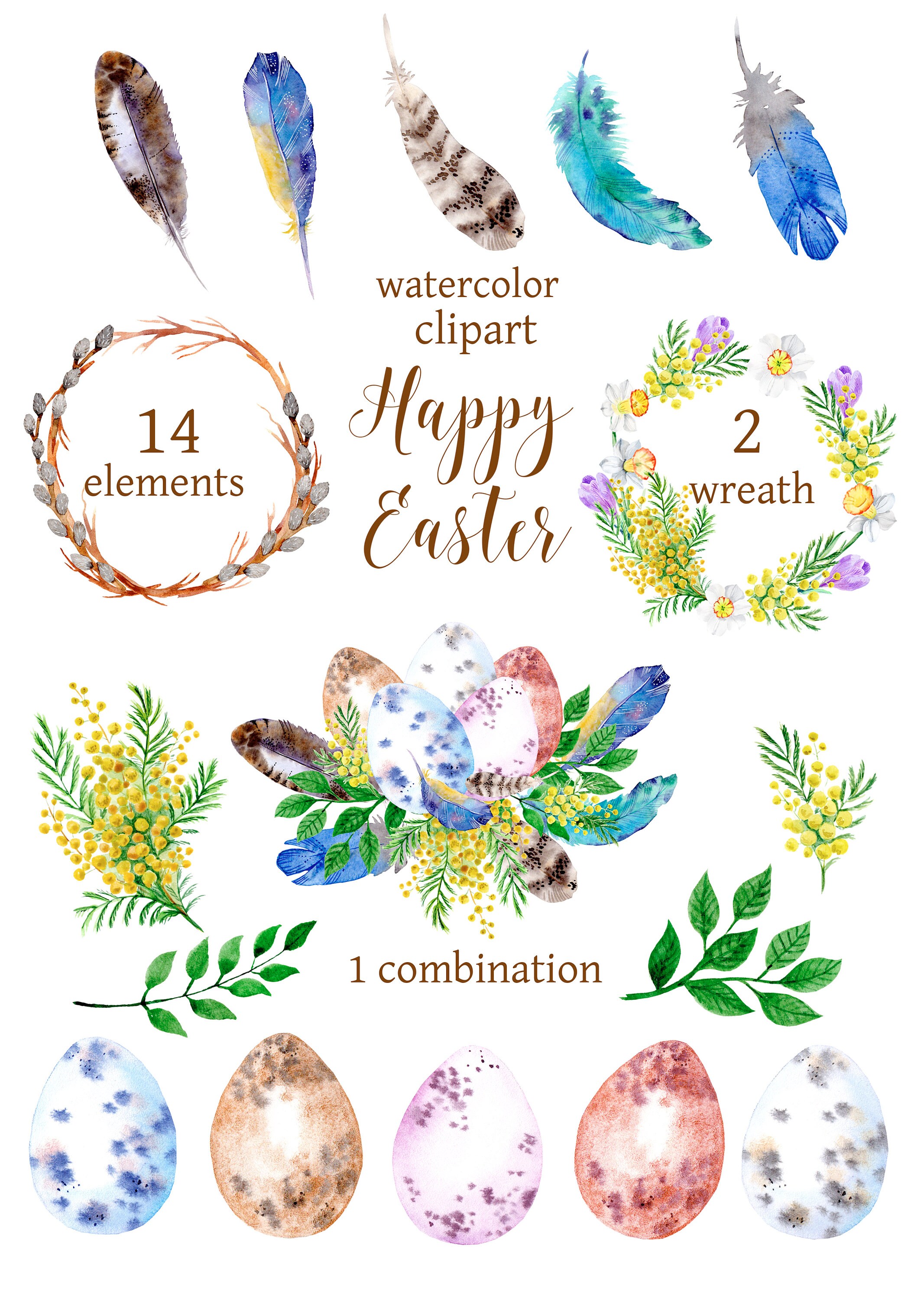 Happy Easter Watercolor Clipart, Eggs, Wreaths, Hand Painted ...
