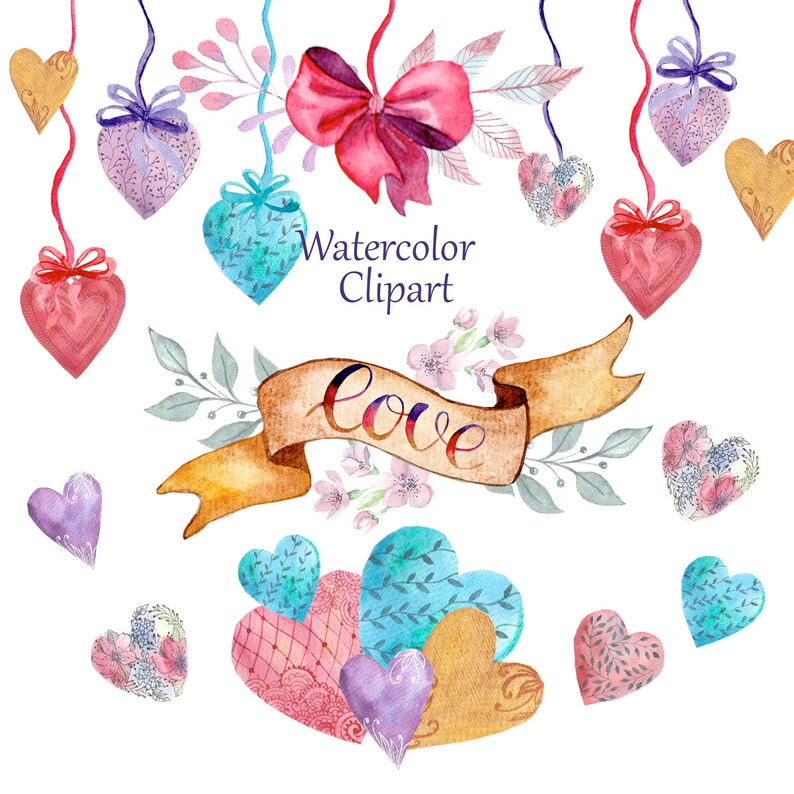 Love Hearts Watercolor Clipart Set Watercolor Valentines Day - Etsy