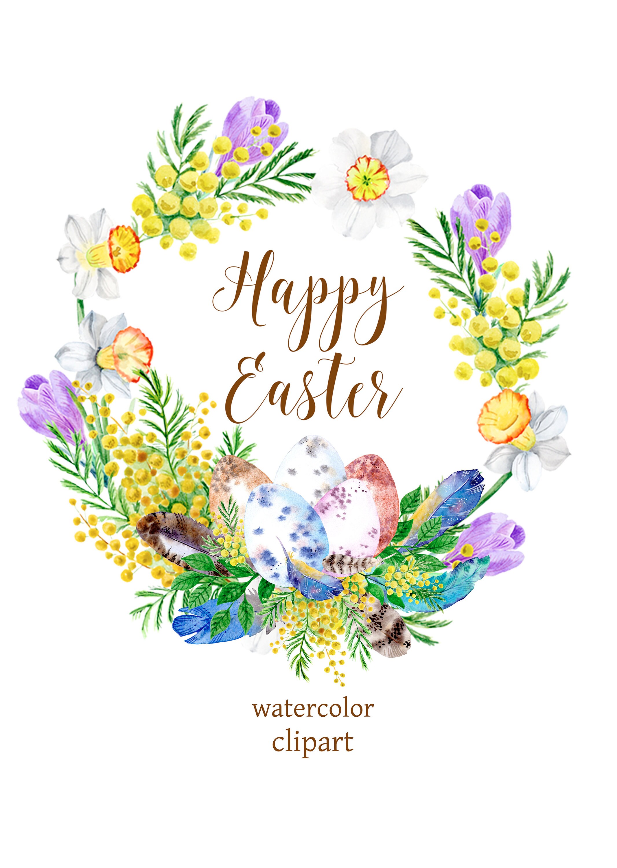 Happy Easter Watercolor Clipart, Eggs, Wreaths, Hand Painted ...