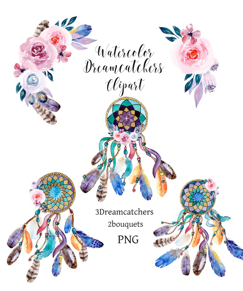 Dreamcatchers Clip Art. Watercolor Dream Catcher. Boho Feather and ...