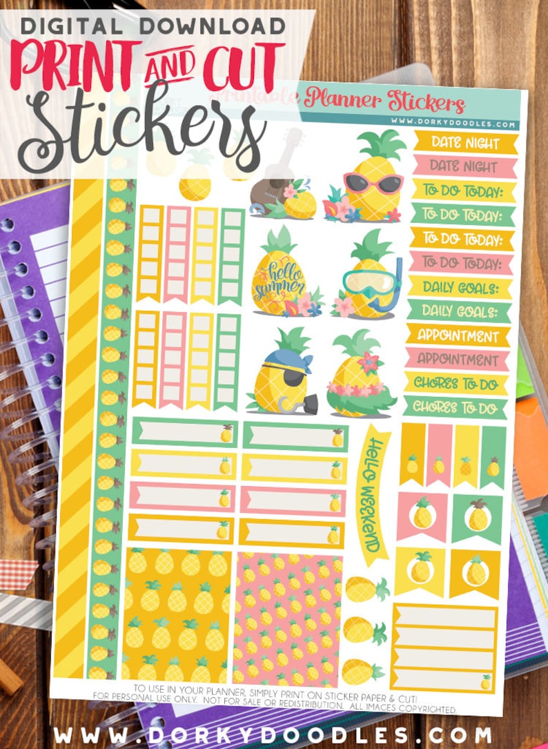 Pineapple Print and Cut Planner Stickers - Tropical Summer Printable ...