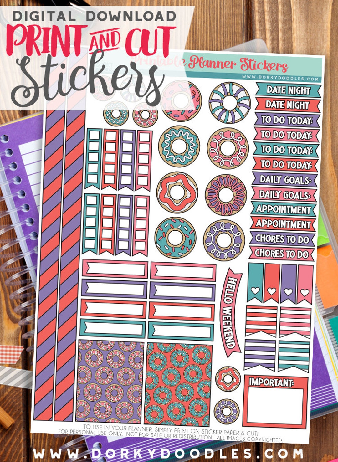 Donut Print and Cut Planner Stickers - Doughtnut Printable Stickers - Etsy