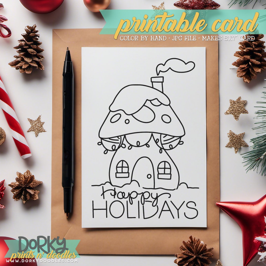 Printable Christmas Coloring Cards Hand Drawn Holiday Greeting Cards ...