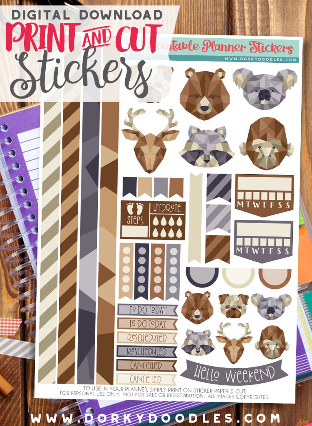 Geometric Animals Print and Cut Planner Stickers - Cute Animal ...