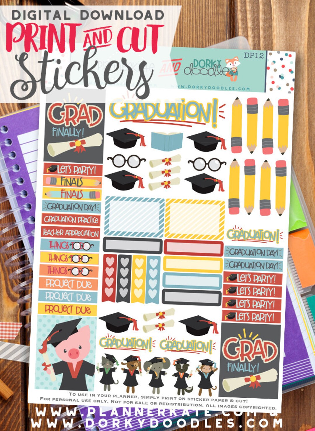 Graduation Print and Cut Planner Stickers - Graduation Caps and ...
