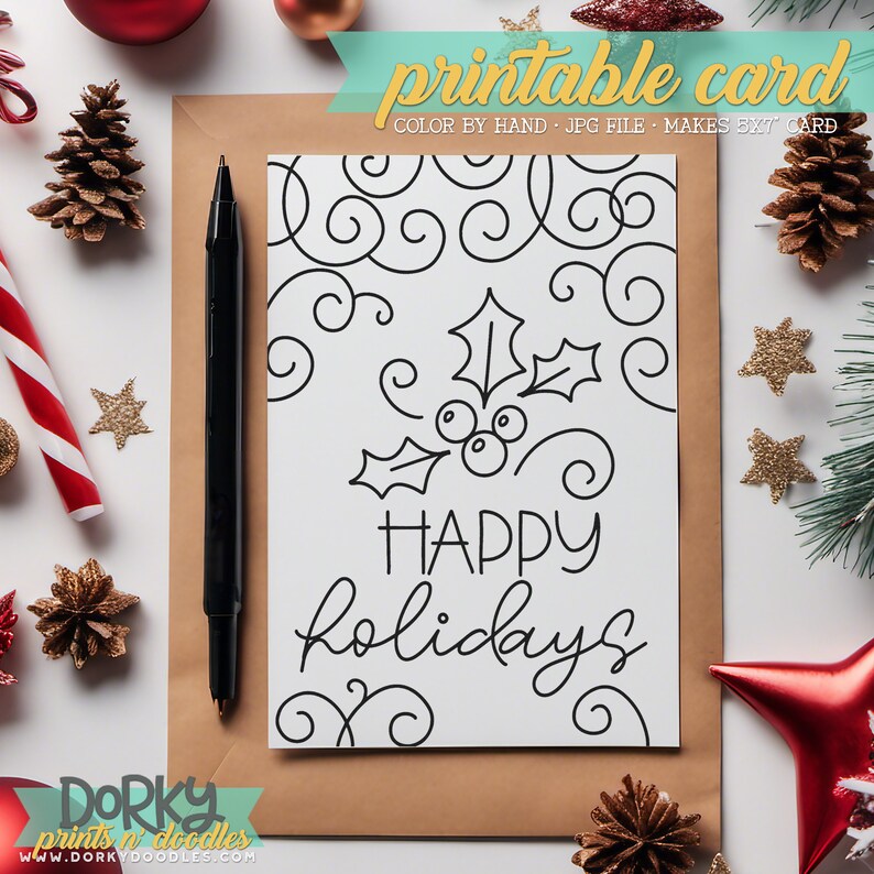 Printable Christmas Coloring Cards Hand Drawn Holiday Greeting Cards ...