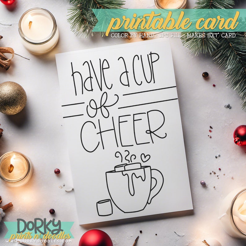 Printable Christmas Coloring Cards Hand Drawn Holiday Greeting Cards ...