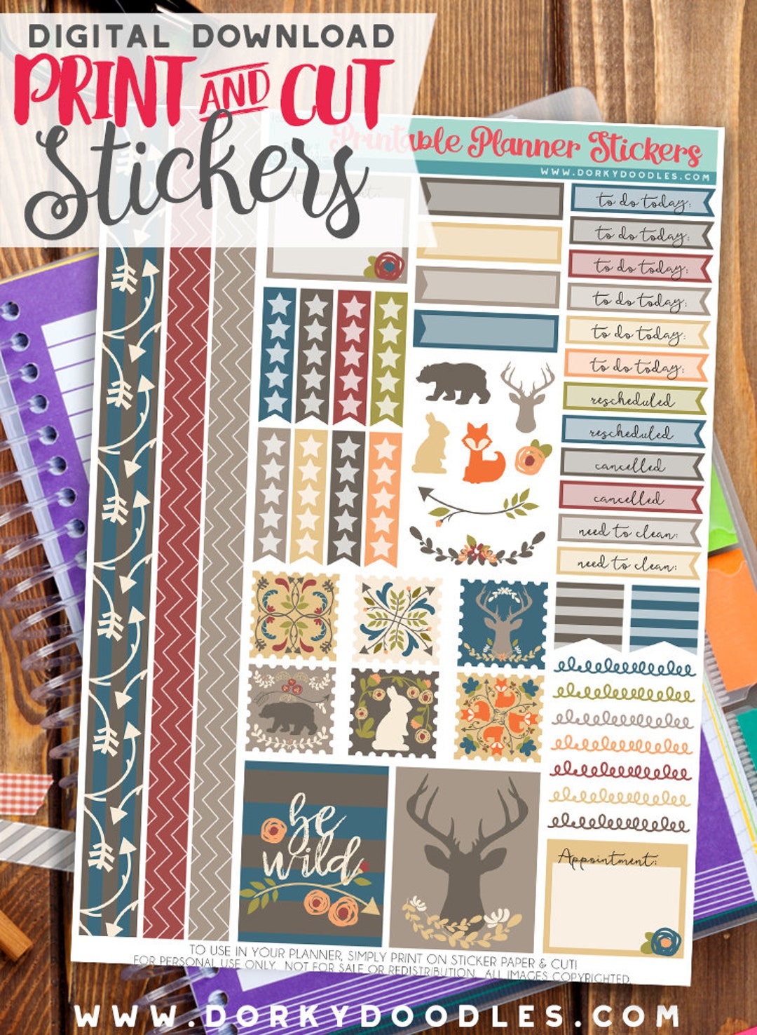 Forest Animals Print and Cut Planner Stickers - Bear, Deer, Rabbit ...