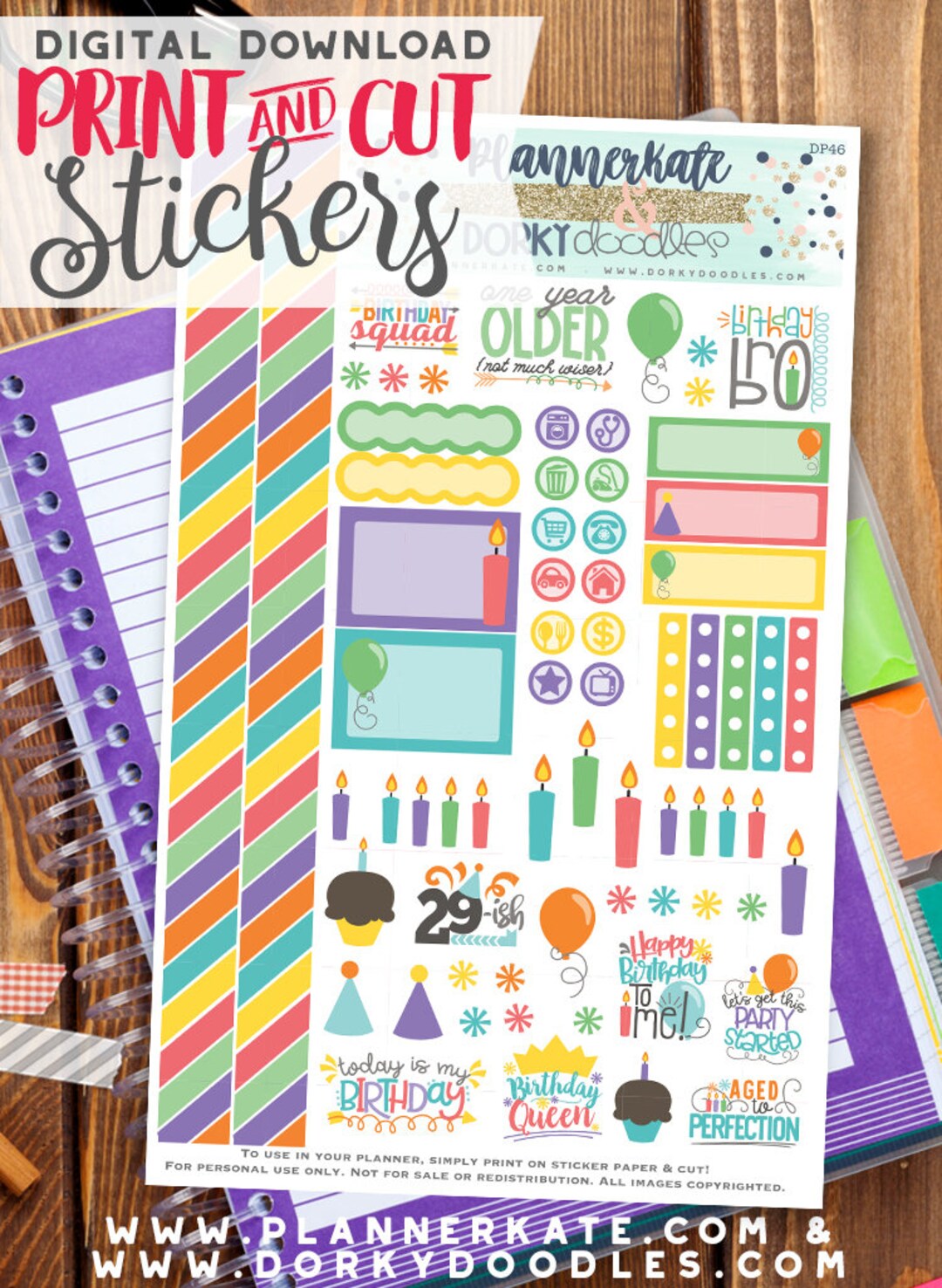 Birthday Print and Cut Planner Stickers - Candles and Cupcakes ...
