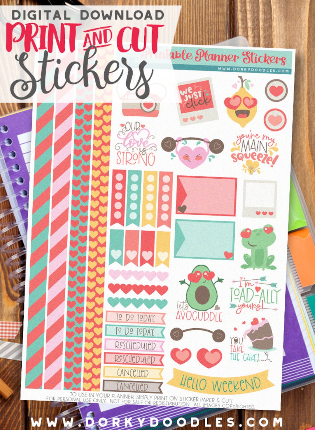 Valentine's Day Print and Cut Planner Stickers - Kawaii Love, Valentine ...