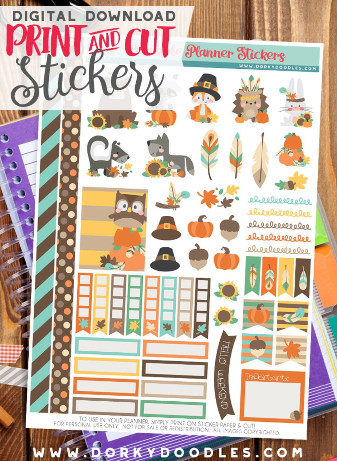 Fall Animals Print and Cut Planner Stickers - Thanksgiving, Autumn ...