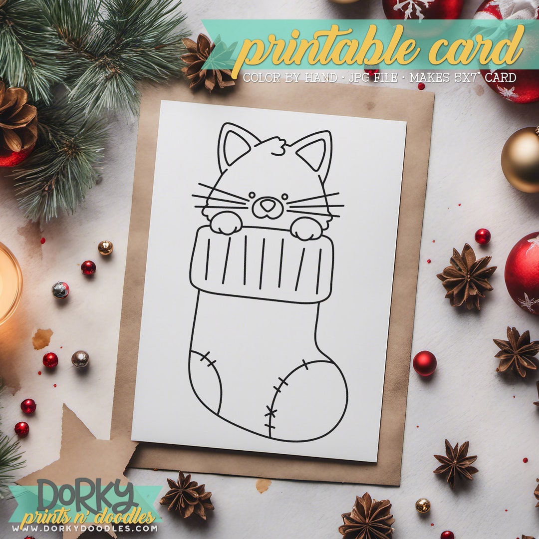 Printable Christmas Coloring Cards - Hand Drawn Holiday Greeting Cards ...