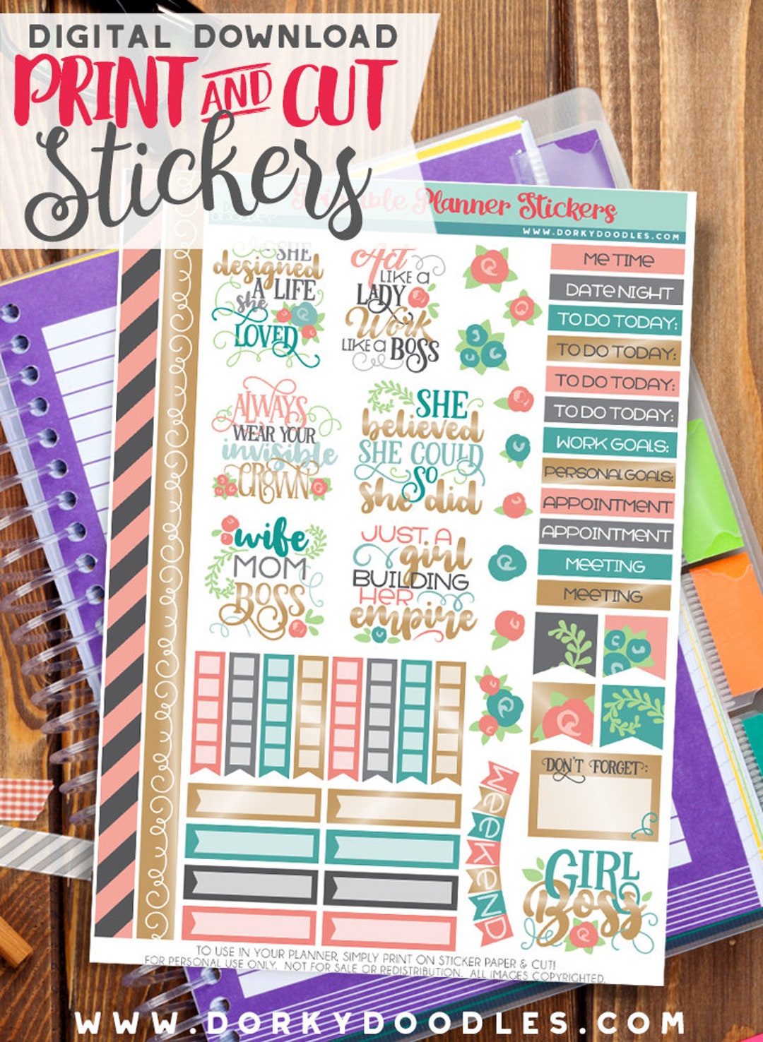 Girl Boss Print and Cut Planner Stickers - Working Women Wordart ...