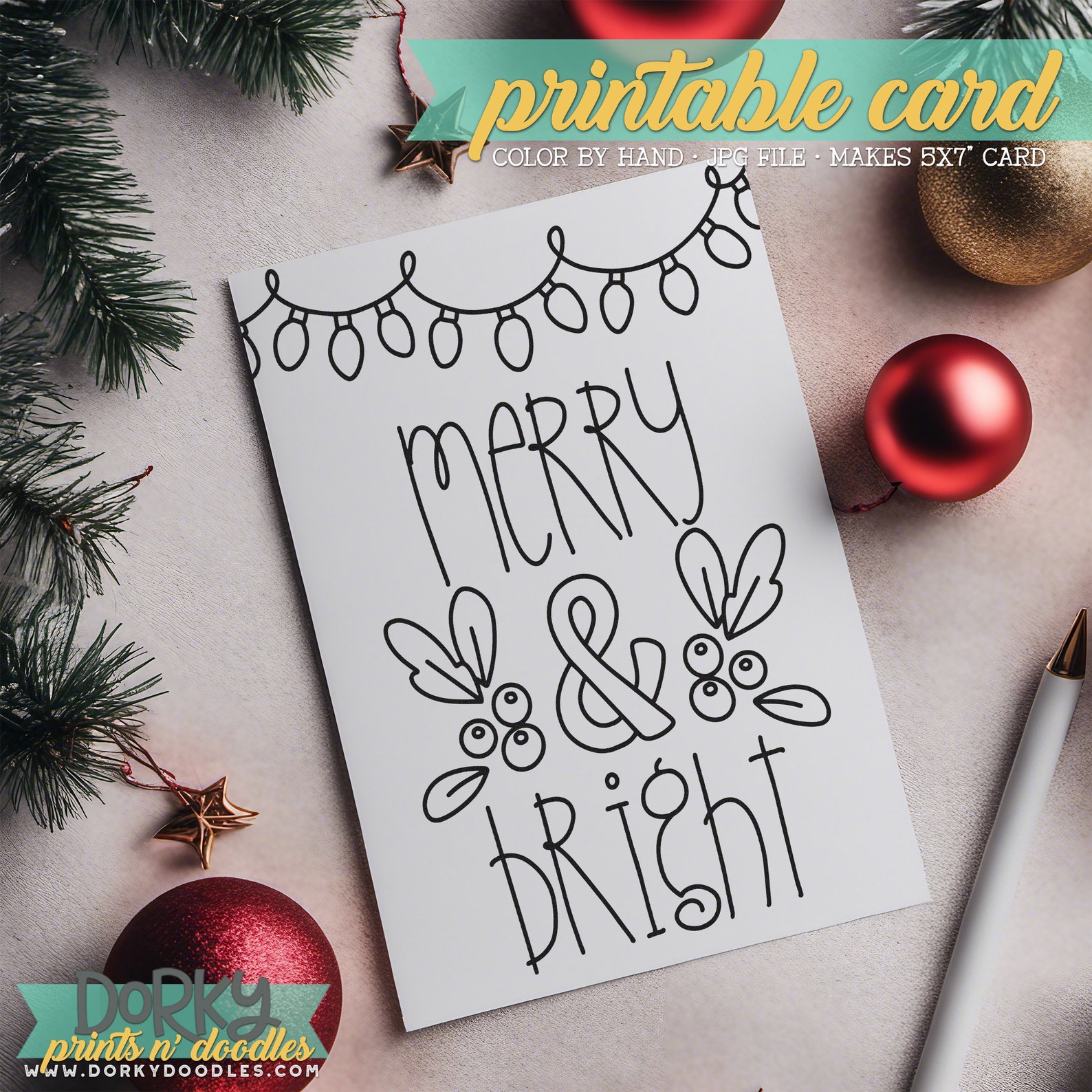Printable Christmas Coloring Cards Hand Drawn Holiday Greeting Cards ...