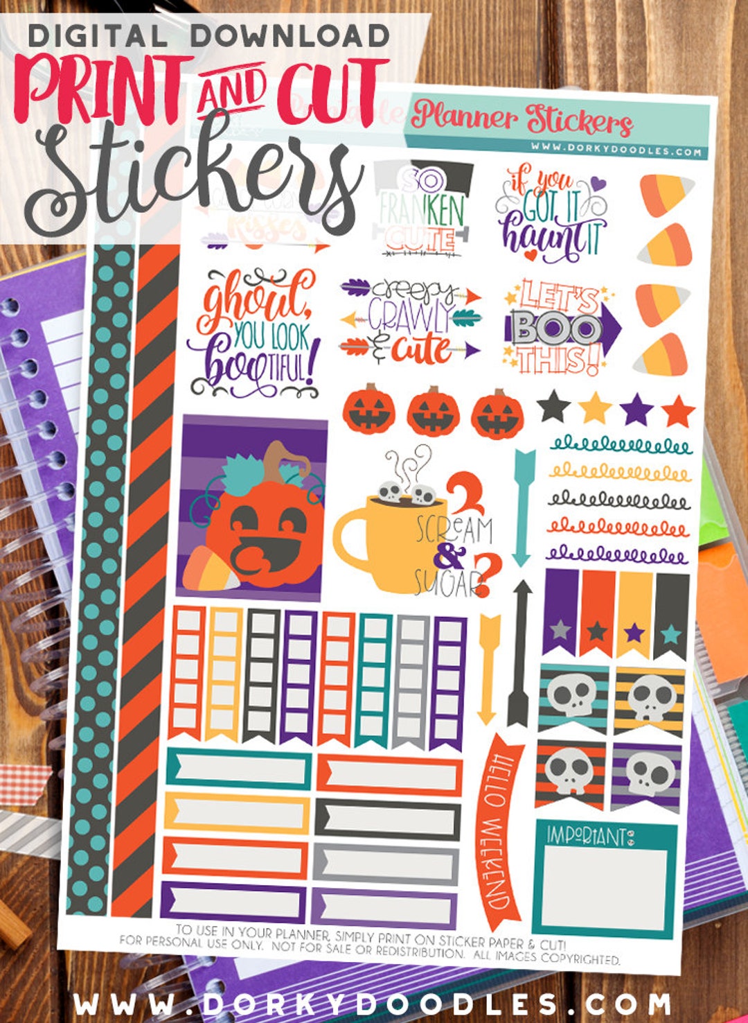 Cute Halloween Print and Cut Planner Stickers - Pumpkins Skulls Candy ...