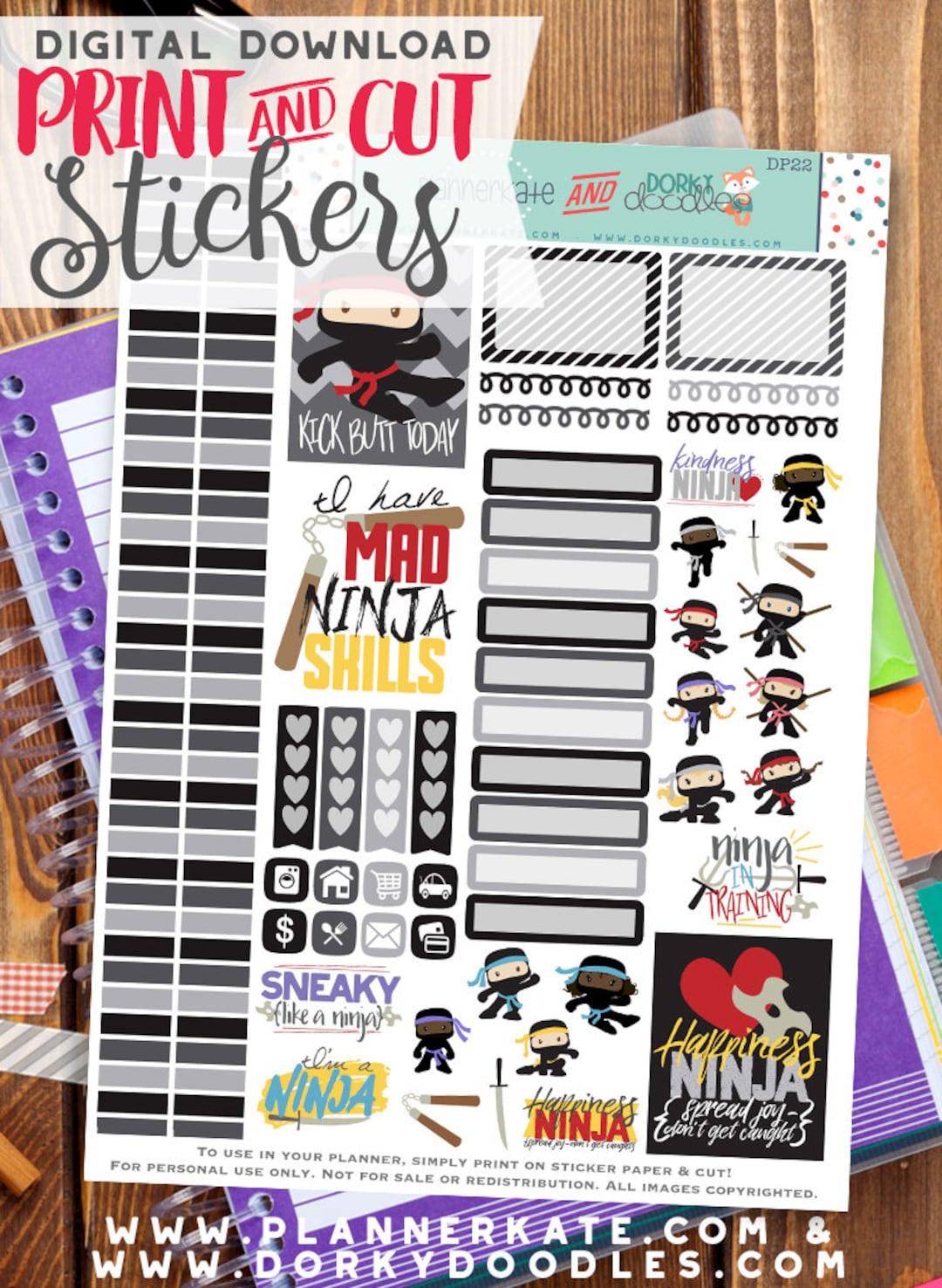 Ninja Print and Cut Planner Stickers - Ninjas Printable Stickers - Etsy