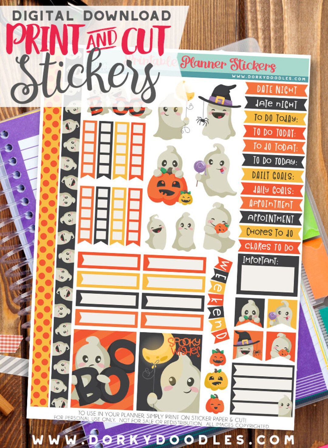 Halloween Ghosts Print and Cut Planner Stickers - Little Ghost ...