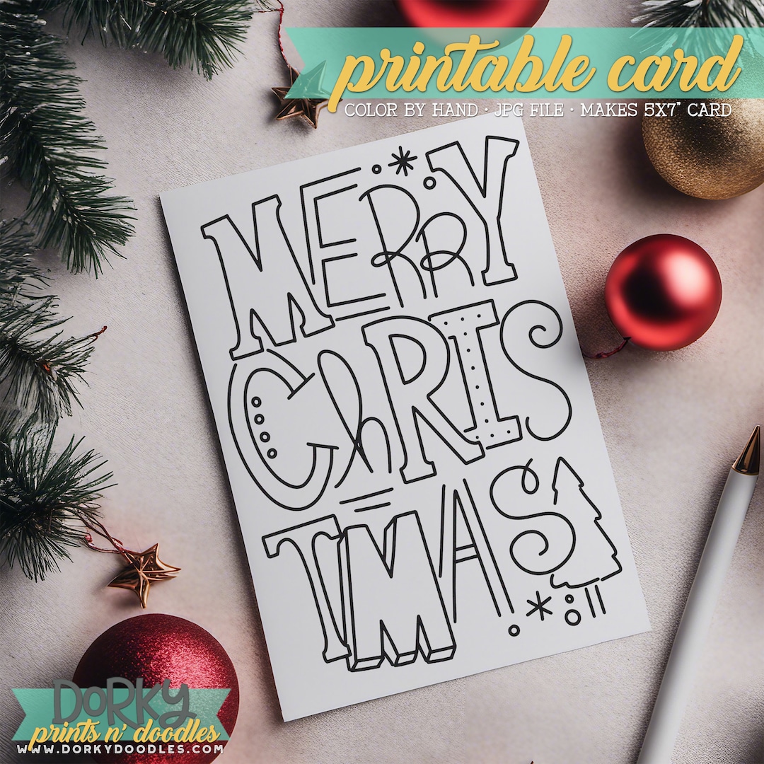 Printable Christmas Coloring Cards Hand Drawn Holiday Greeting Cards ...