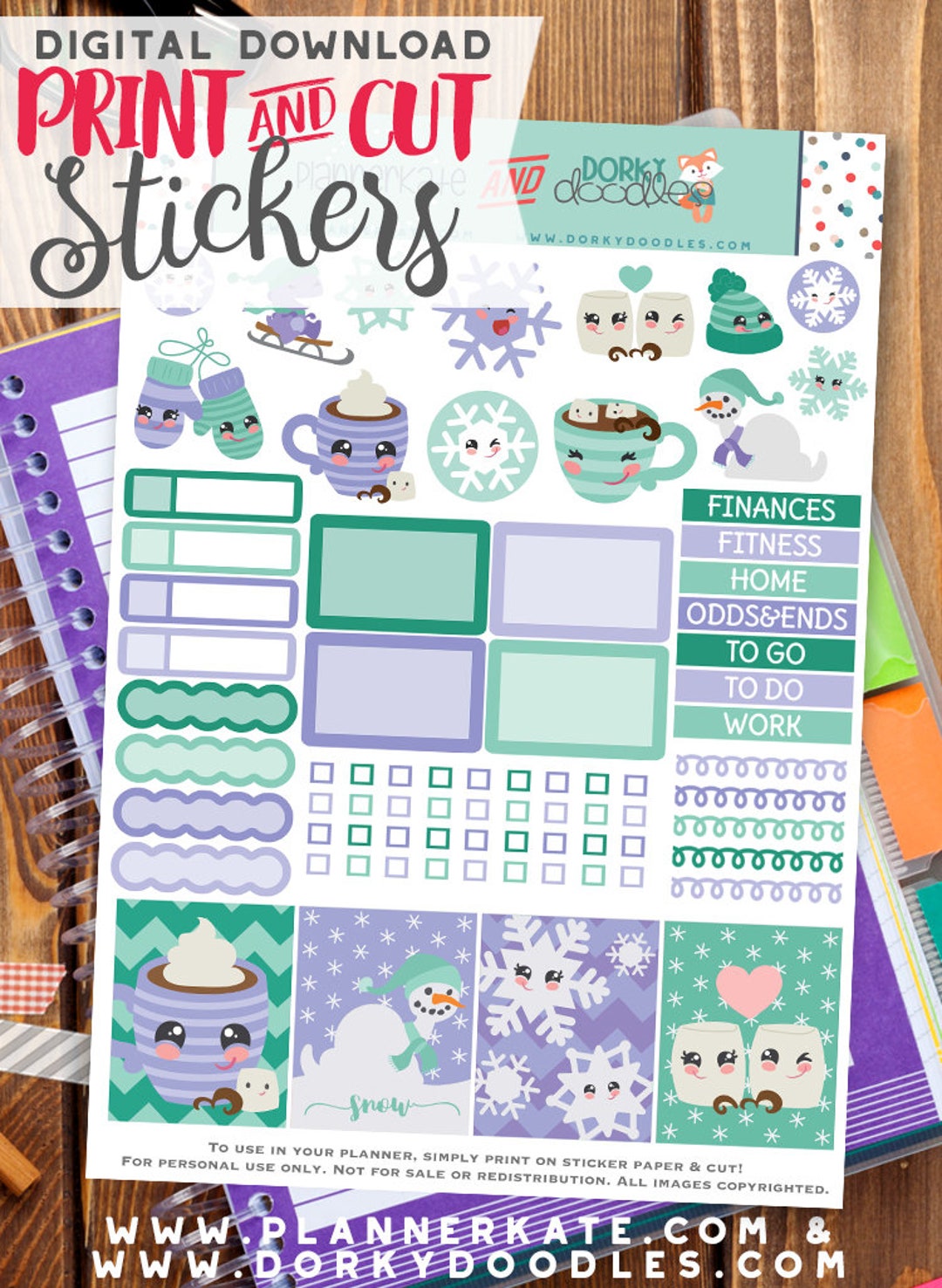 Winter Print and Cut Planner Stickers - Sledding and Snow Printable ...
