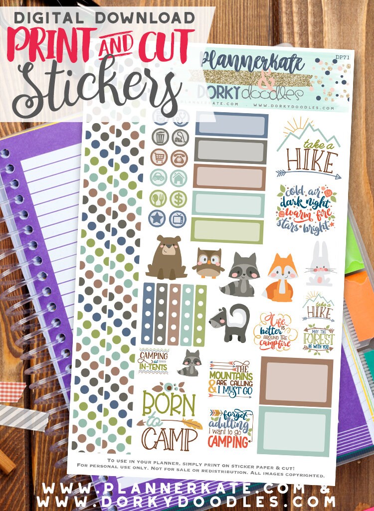 Camping Print and Cut Planner Stickers - Hiking, Forest Animals, Camp ...