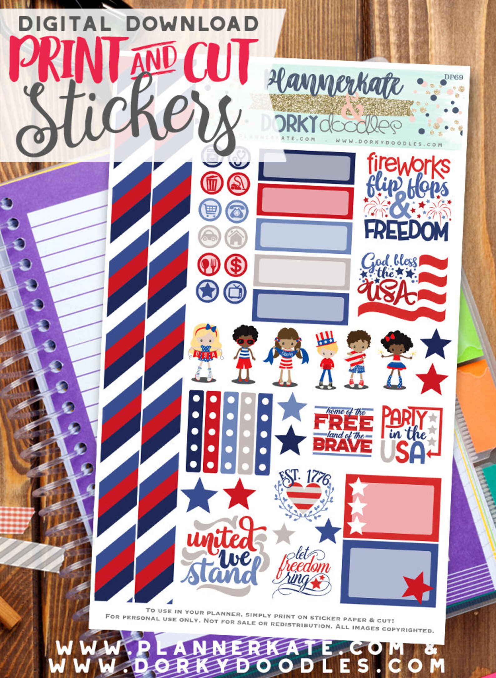 4th of July Print and Cut Planner Stickers - Patriotic Kids Printable ...