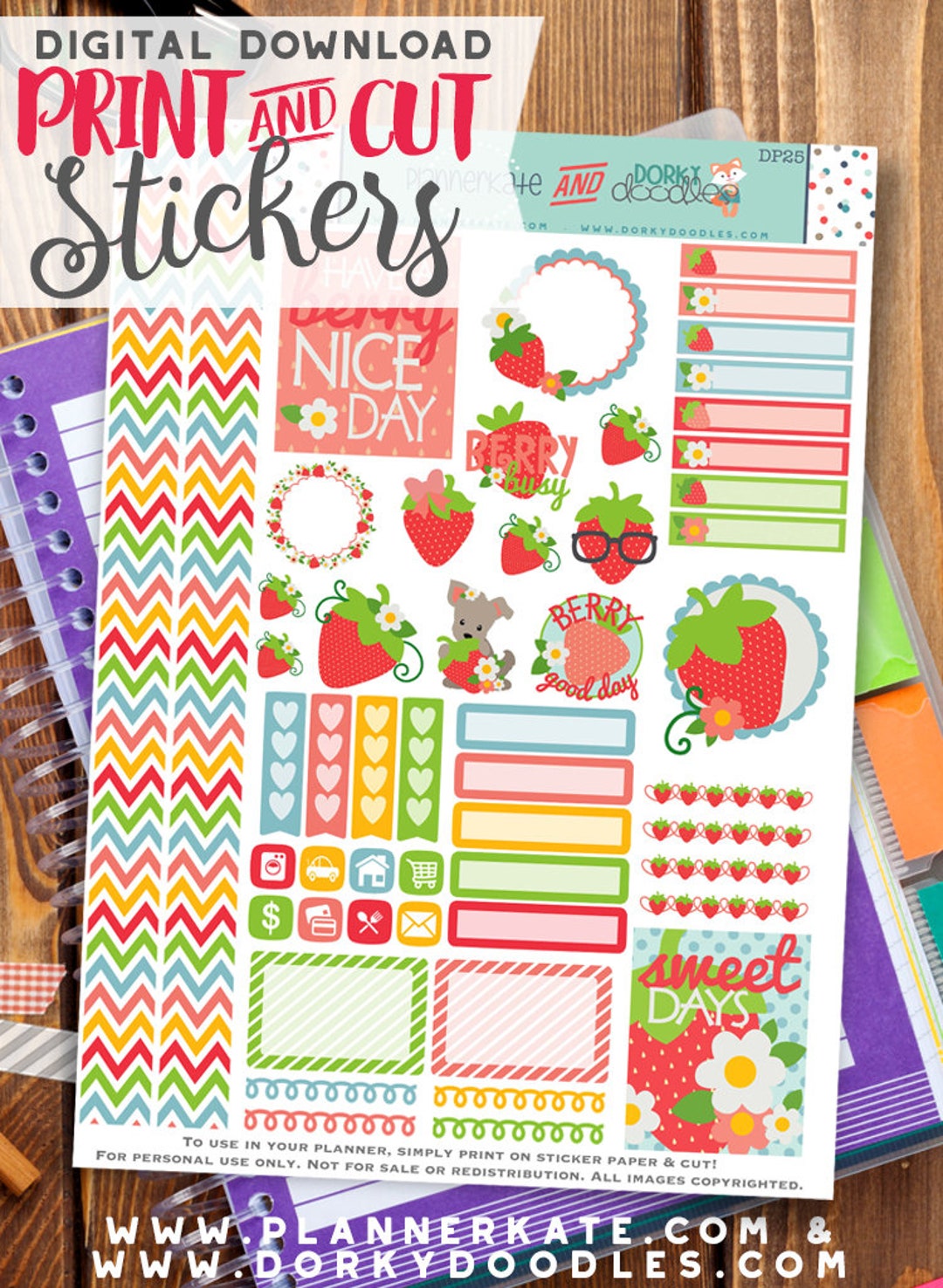 Strawberry Print and Cut Planner Stickers - Strawberries, Puppy, Summer ...