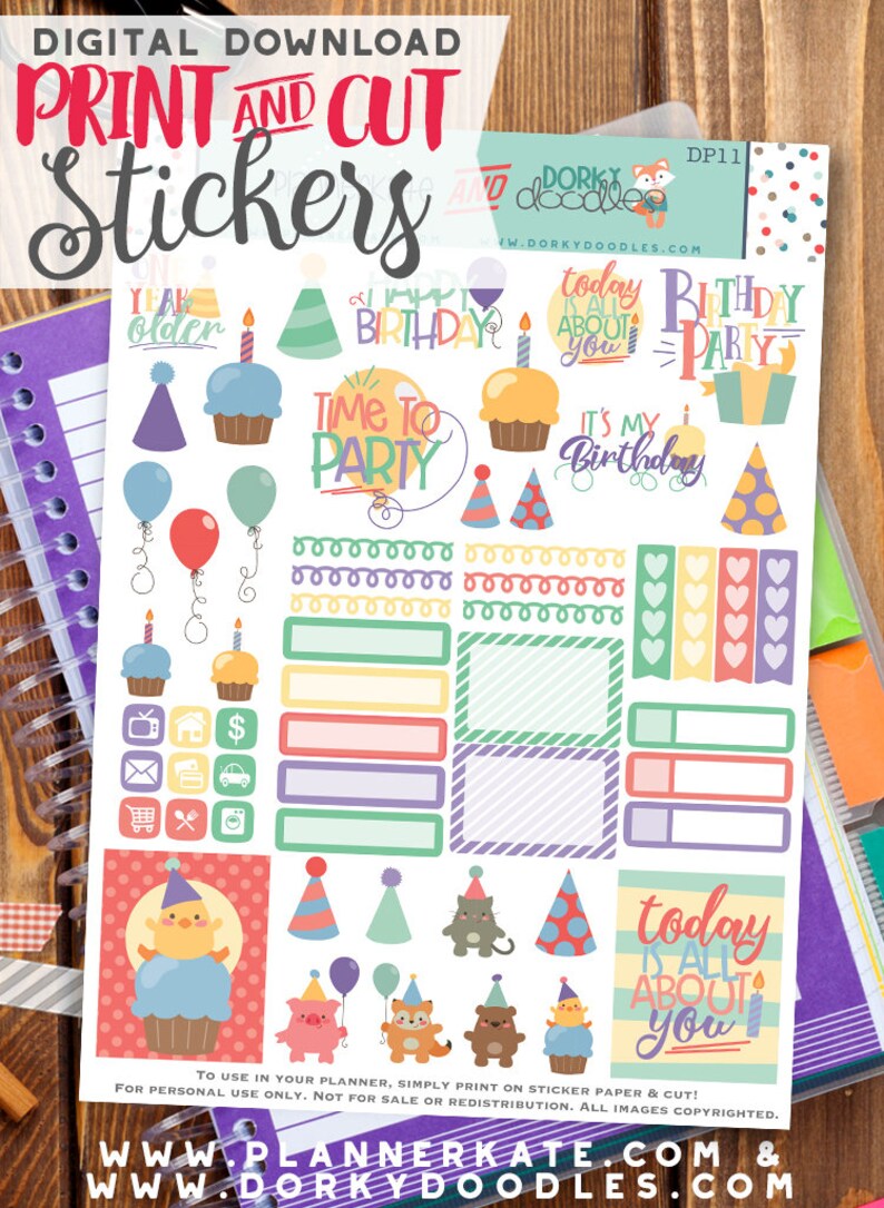 Birthday Print and Cut Planner Stickers - Cupcakes, Balloons, and Party ...