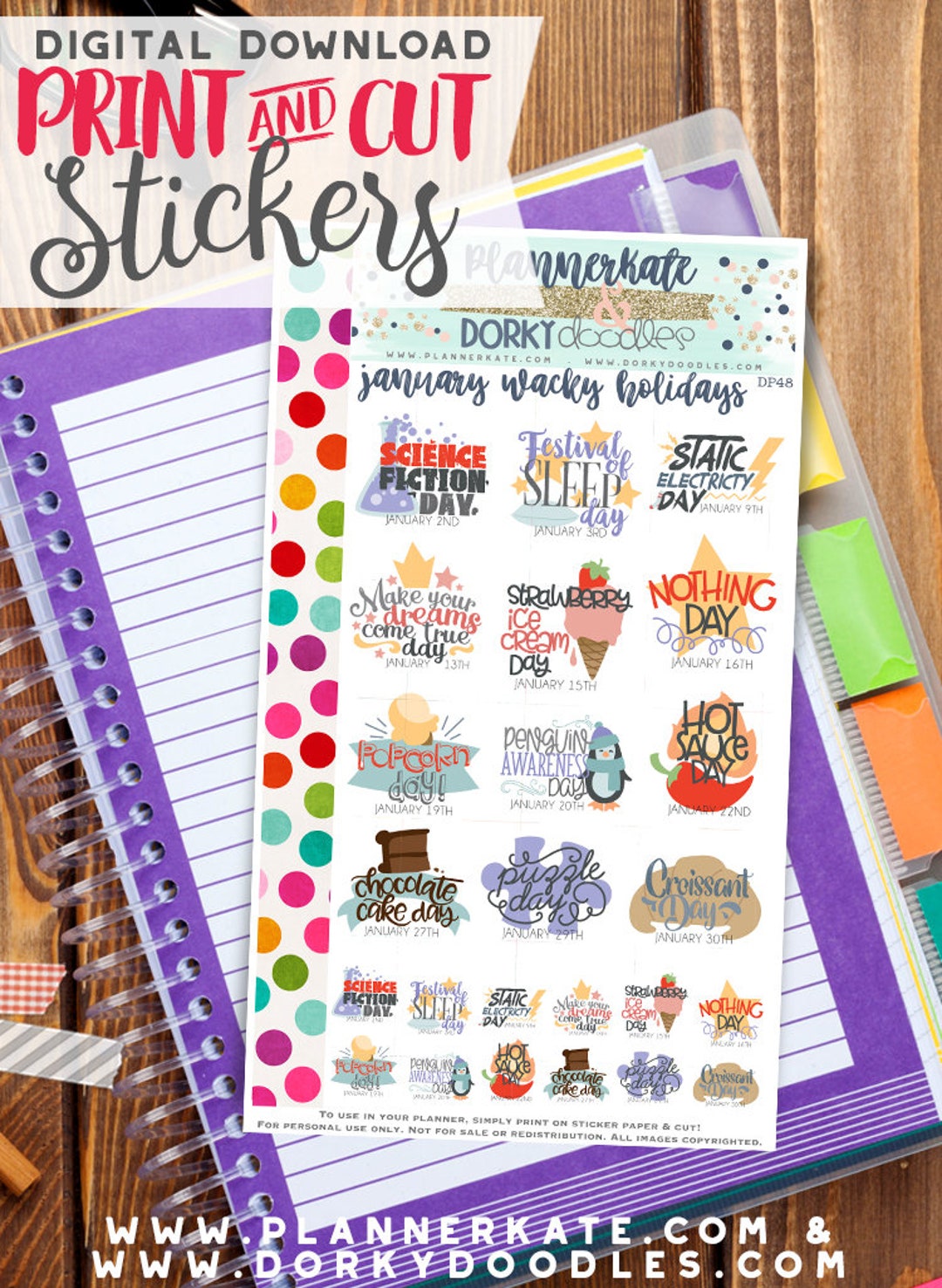 Wacky January Print and Cut Planner Stickers - Crazy January Holidays ...