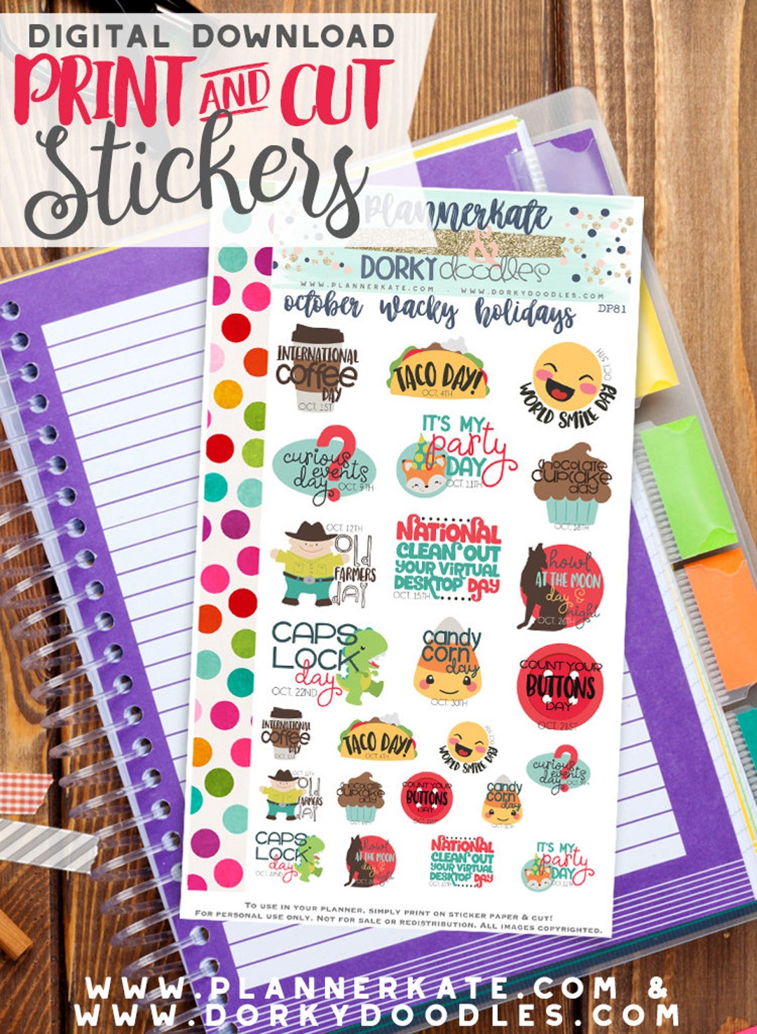 Wacky October Print and Cut Planner Stickers - Crazy October Holidays ...