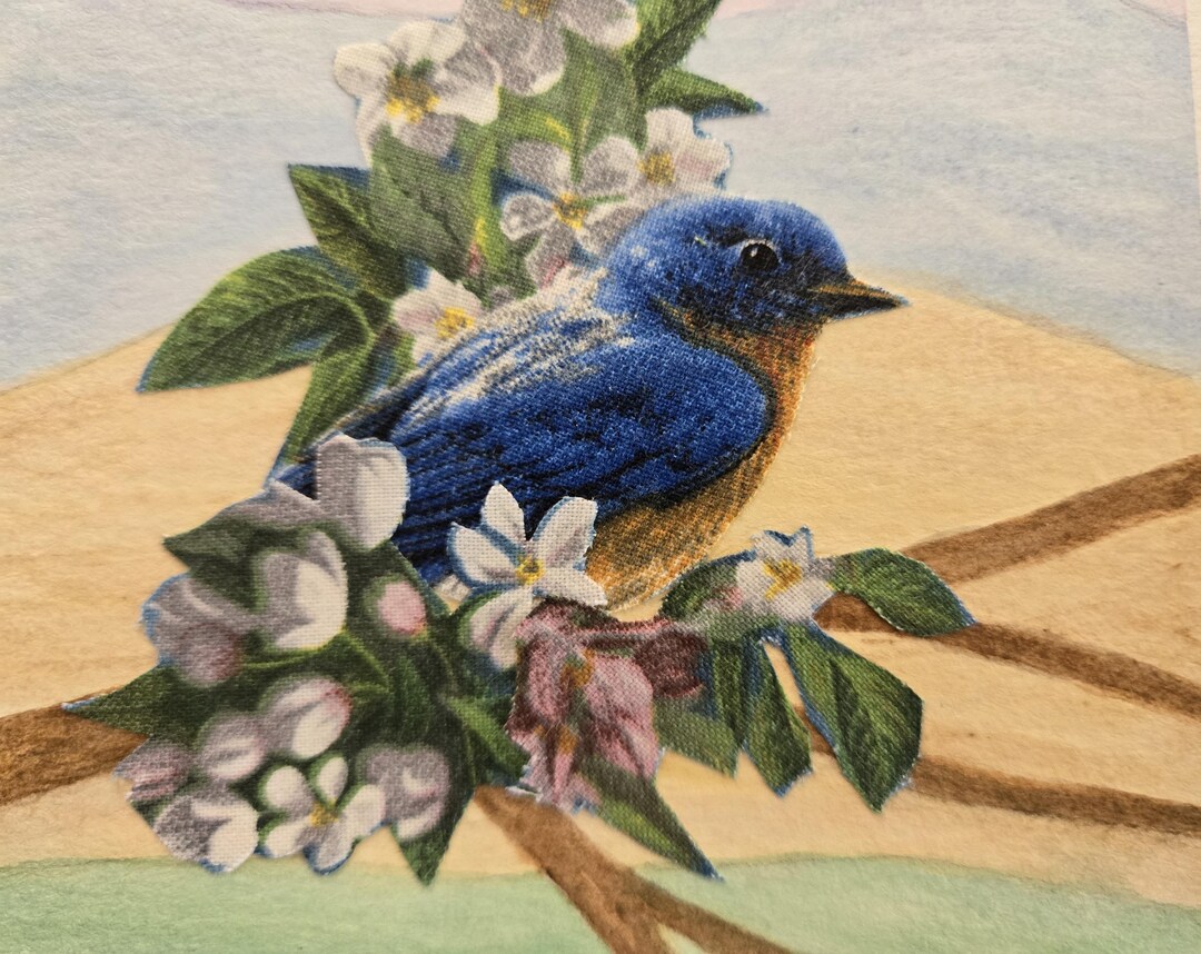Blue Bird Frameable Card, Original Mixed Media Art, Fabric on ...
