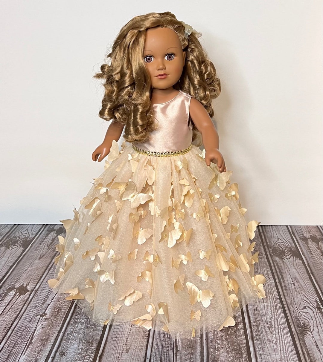 Quinceañera Champagne Satin and 3D Butterfly Tulle Doll Gown ...