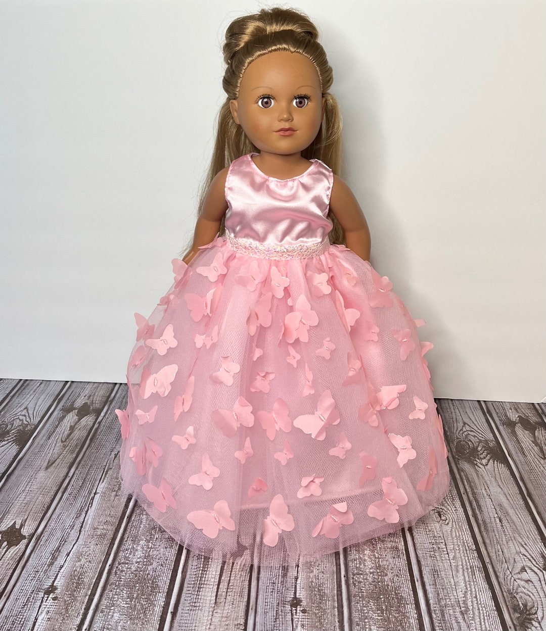 Quinceañera Pink Satin and 3D Butterfly Tulle Doll Gown With Iridescent ...