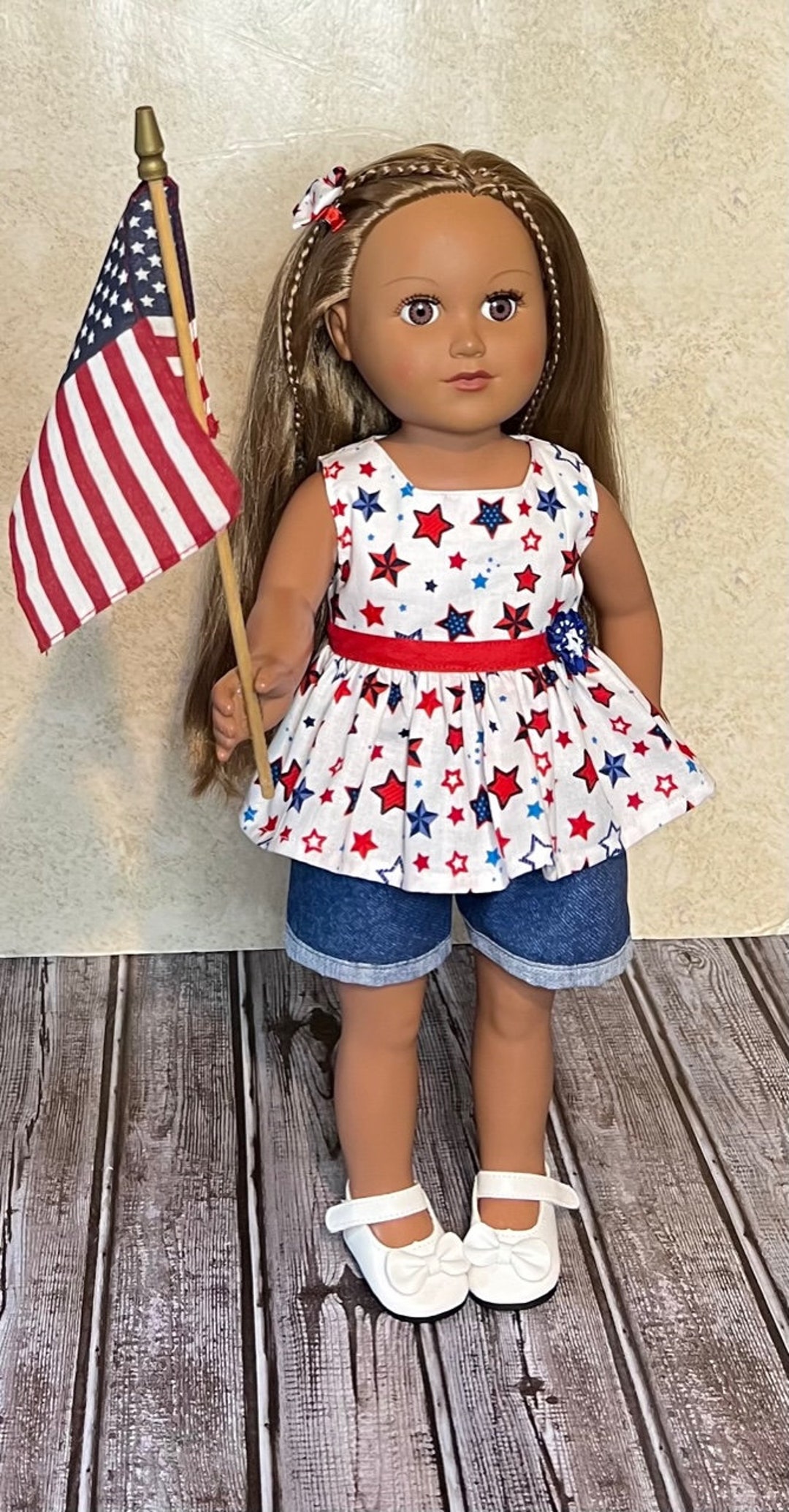 18in Patriotic Red, White & Blue Stars Top and Shorts Set. Handcrafted ...