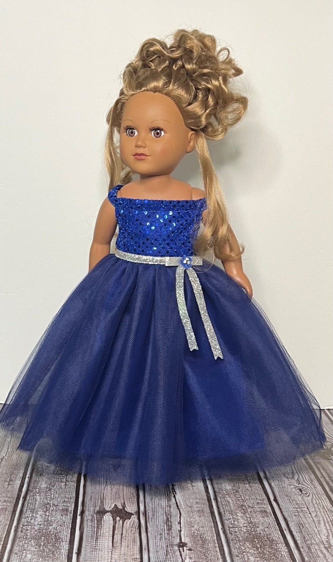 Quinceañera Blue Sequin and Tulle off the Shoulder Doll Gown. Princess ...