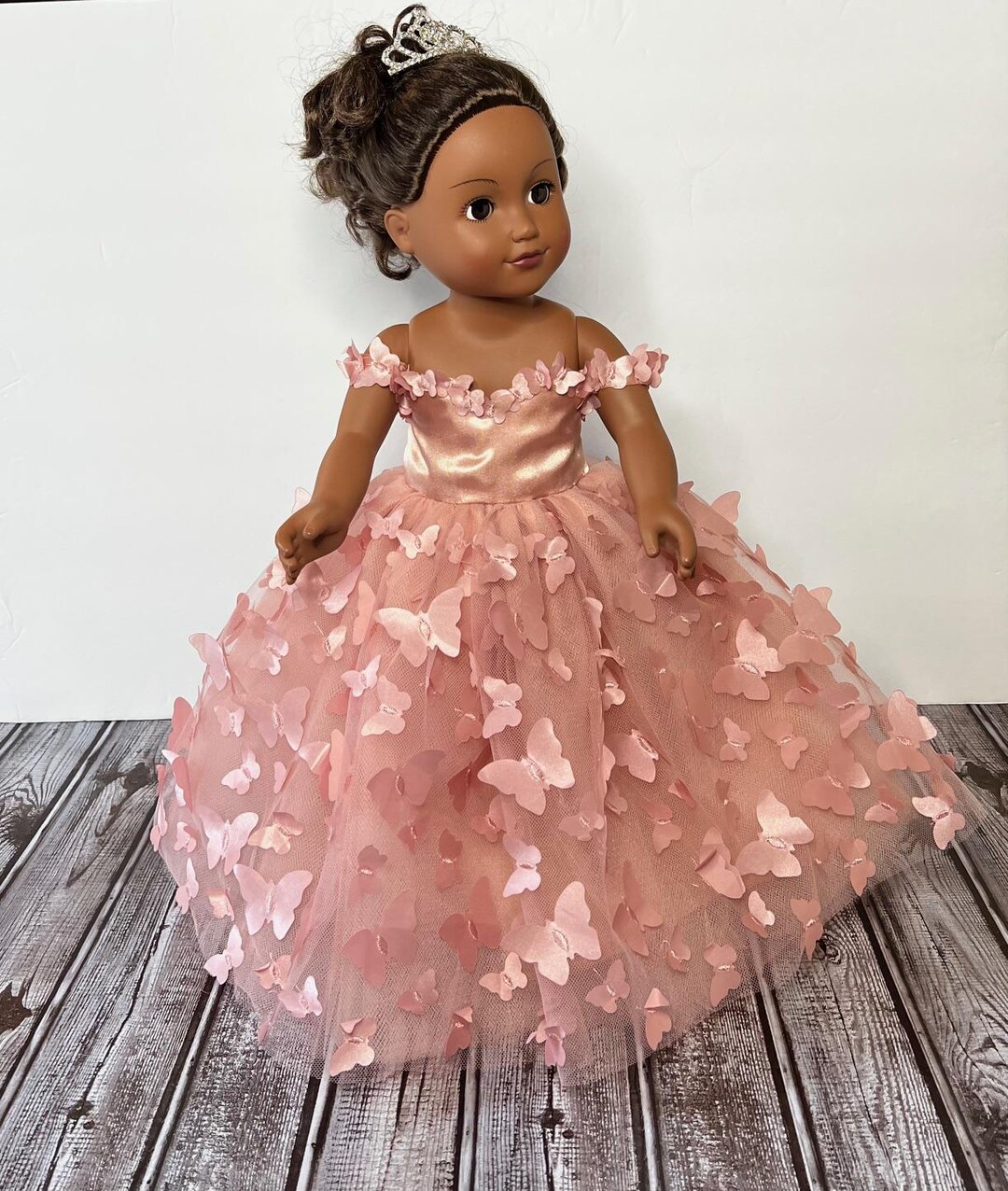 18in Quinceañera Rose Gold Satin and 3D Butterfly Tulle Doll Gown ...