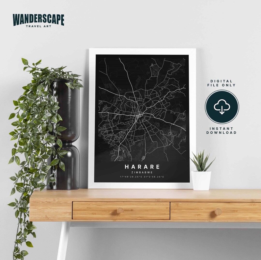 Harare Zimbabwe Minimalist Map Poster Printable Black and White Map ...