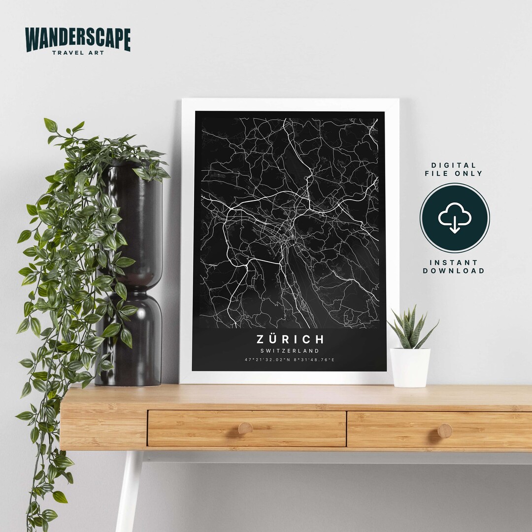 Zurich Switzerland Minimalist Map Poster Modern Black and White Map ...