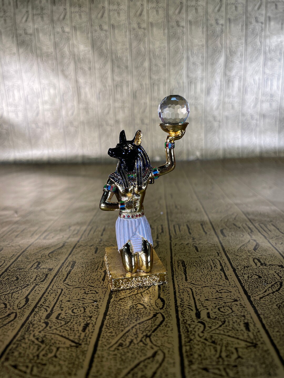Vintage Gold Anubis Mini Statue - Egyptian God Anpu Holding Crystal ...
