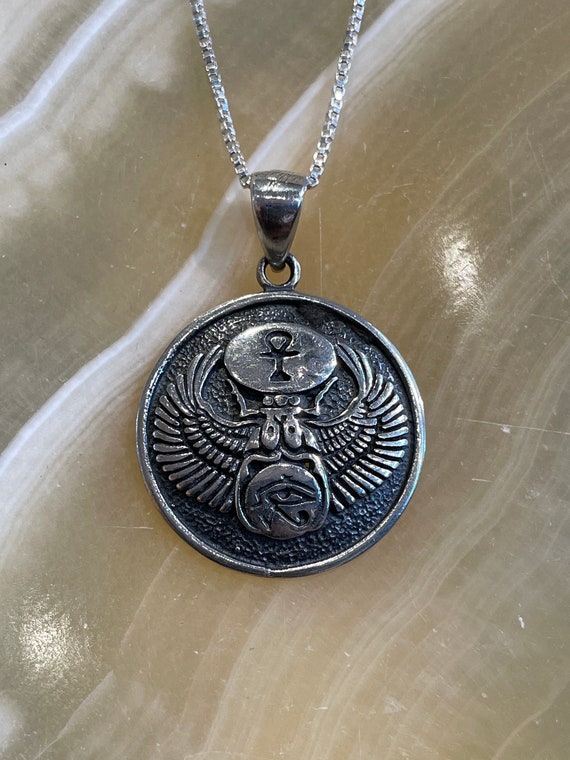 Winged Scarab with Ankh & Eye of Horus Pendant - Ster… - Gem