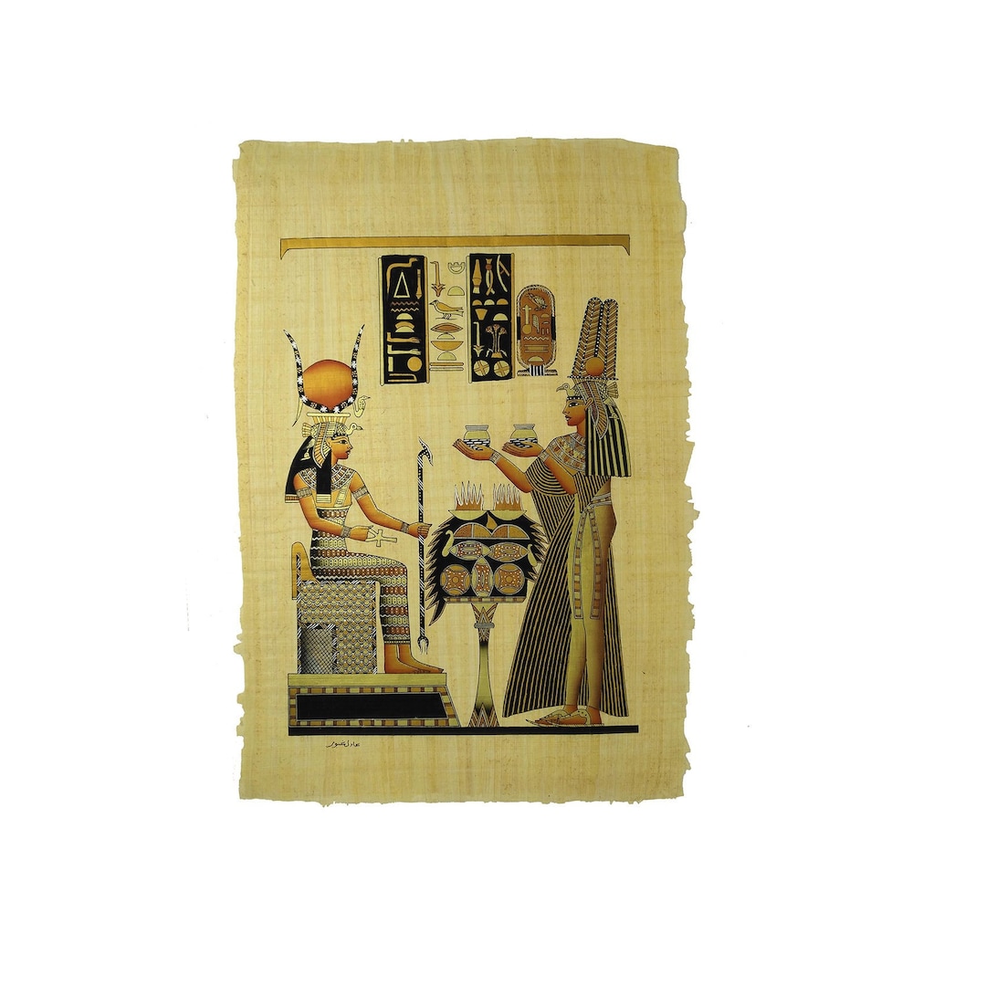 Reina egipcia Nefertari que ofrece óleos a la diosa Isis Papyrus Papiro ...