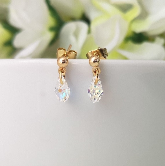 Swarovski Crystal Earrings Clear AB Tiny Teardrop Handmade 18k Gold Plated Studs Dainty Everyday Minimalist Earrings Elegant Gift for Her Etsy