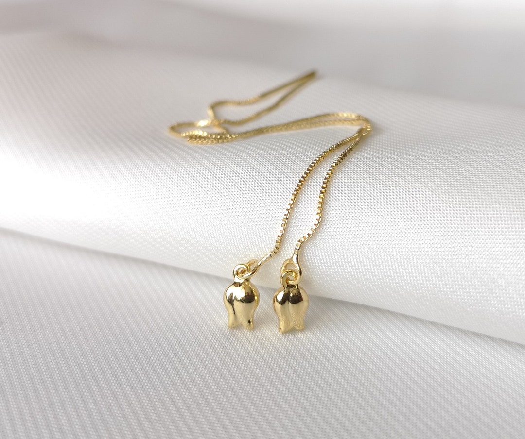 Tiny Flower Threaders, Gold Tulip Earrings, 18k Plated, Floral Dainty ...