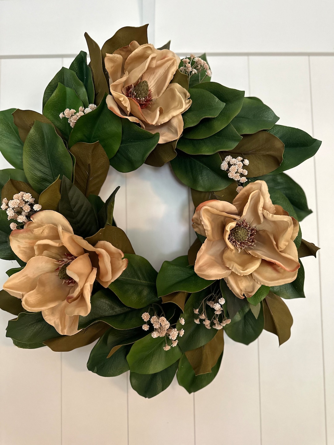 Magnolia Leaf Front Door Wreath: Tan Flowers & Baby's Breath - Etsy