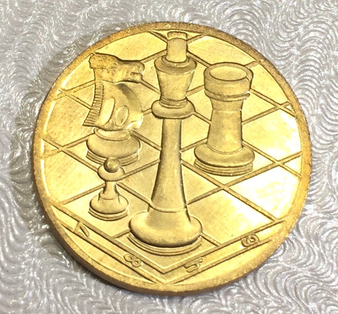 Round Gold Tone Solid Brass Chess Token Medal With Knight King & Rook ...